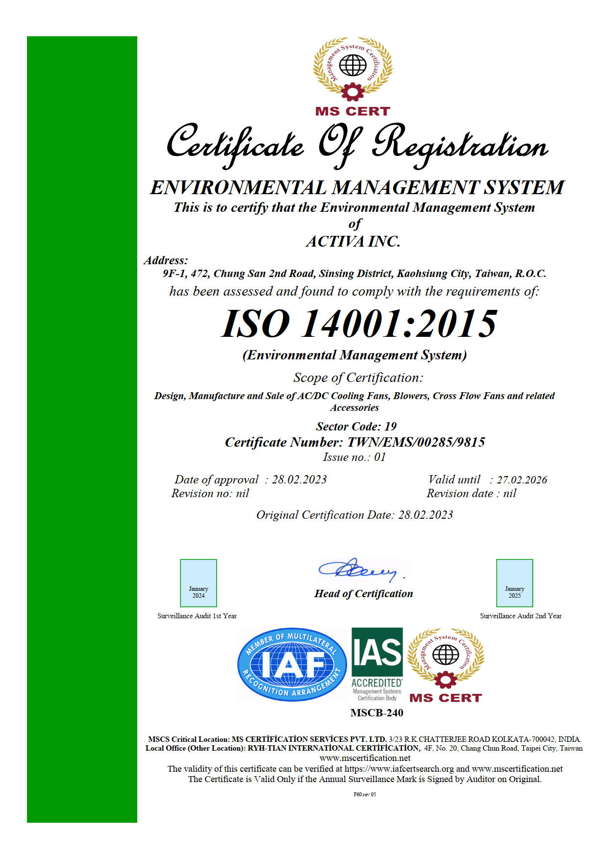 ISO Certificate 14001:2015